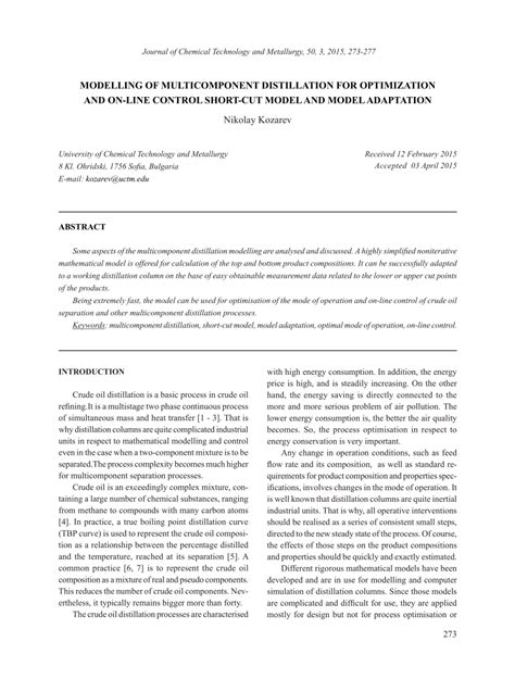 Pdf Modelling Of Multicomponent Distillation For Optimization And On Line Control Short Cut