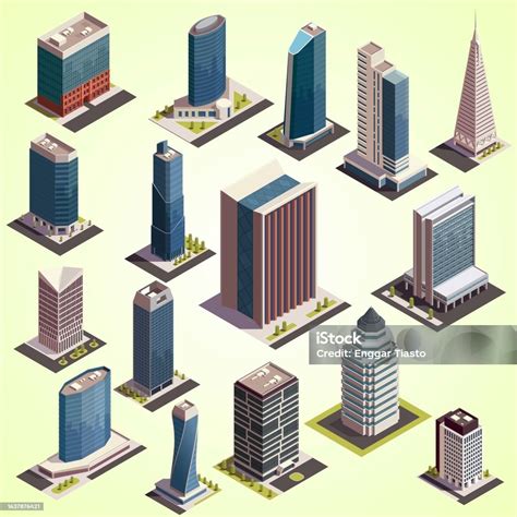 산업 건물 아이소메트릭 세트 요소 공장 발전소 생성자 고립된 도시 고층 빌딩 아이소메트릭 세트 격리된 이미지 야외 모습 현대 건물 비어 있음 3차원 형태에 대한 스톡 벡터