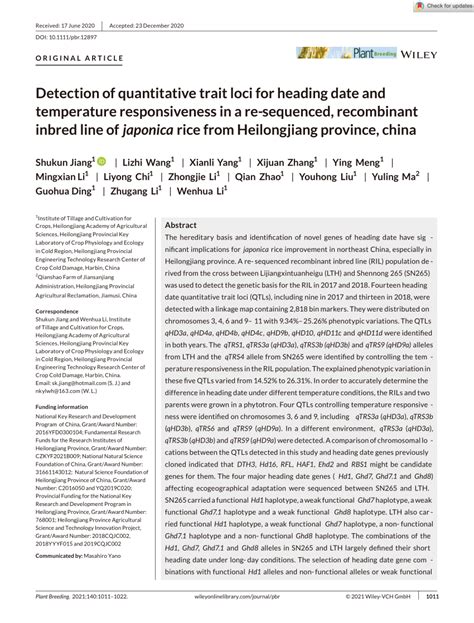Pdf Detection Of Quantitative Trait Loci For Heading Date And Temperature Responsiveness In A