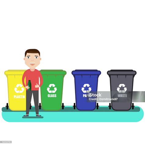 쓰레기를 구분 합니다 남자는 병 쓰레기통 근처에 서 있다 쓰레기 용기에 쓰레기의 분류 쓰레기 종이 플라스틱 유리 폐기물 재활용