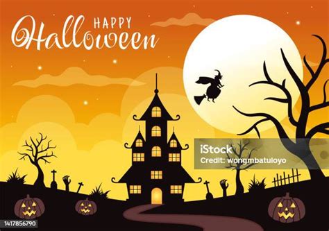 해피 할로윈 템플릿 배경 손으로 그린 만화 플랫 일러스트 레이 션 호박 박쥐 및 보름달에 어두운 성곽 디자인 스타일을 추가하기위한 거미에 대한 스톡 벡터 아트 및 기타