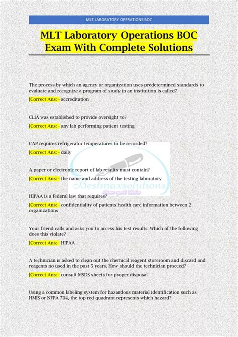 Mlt Laboratory Operations Boc Exam With Complete Solutions Mlt