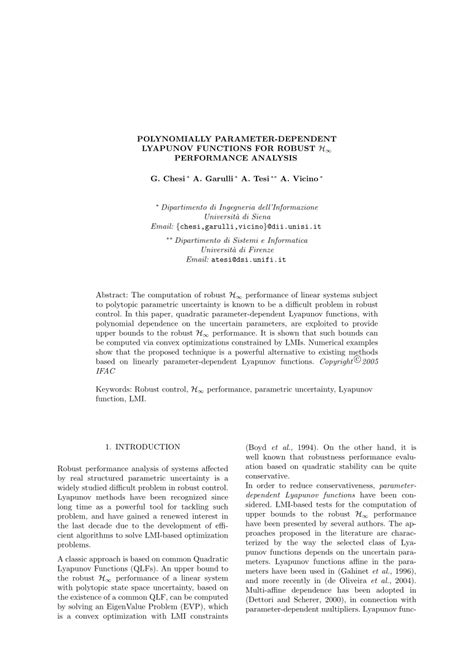 Pdf Polynomially Parameter Dependent Lyapunov Functions For Robust H∞ Performance Analysis