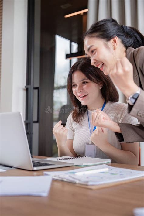 Exciting Business Achievement Celebration Modern Office Digital Collaboration Bright Environment