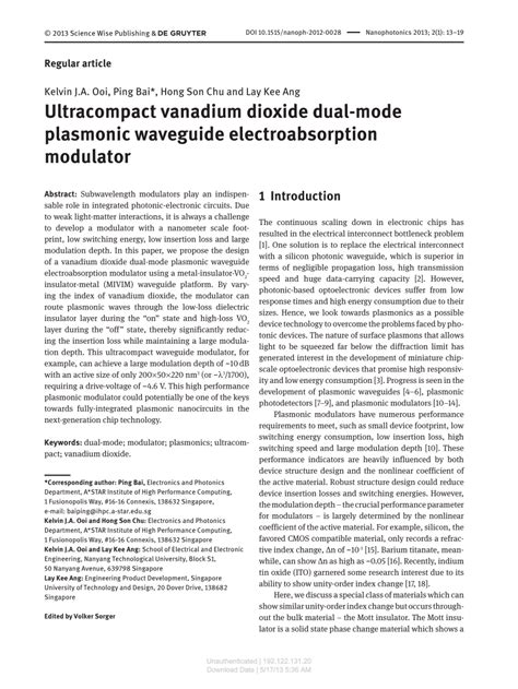 Pdf Ultracompact Vanadium Dioxide Dual Mode Plasmonic Waveguide Electroabsorption Modulator