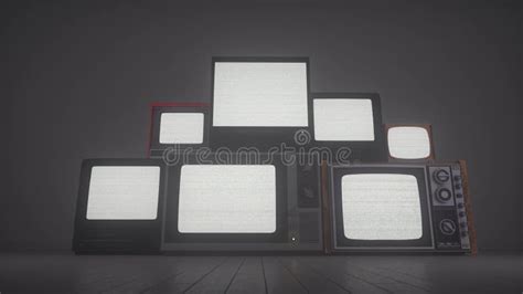 Stack Of Vintage Retro Tv Televisions Sets With Static Noise Signal Analog Noise Glitch