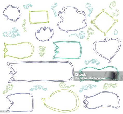 파란색과 녹색 음영이 다른 손으로 그린 곡선 라벨 프레임 세트 구름 모양 다이아몬드 직사각형 길고 짧은 리본 물결 모양의 리본 심장 타원형 꽃 모양 0명에 대한 스톡 벡터