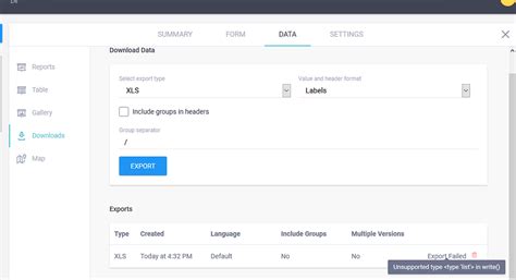 Export Failed Unsupported Type In Write Data Management Kobotoolbox Community Forum