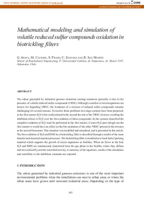 Pdf Mathematical Modeling And Simulation Of Volatile Reduced Sulfur Compounds Oxidation In