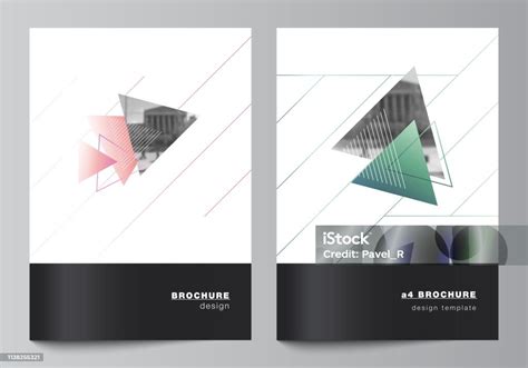책자 잡지 전단지 소책자 연례 보고서에 대 한 A4 형식 현대 커버 모의 광고 디자인 서식 파일의 벡터 레이아웃 현대 멤피스 패턴과 삼각형 다채로운 다각형 배경 0명에 대한
