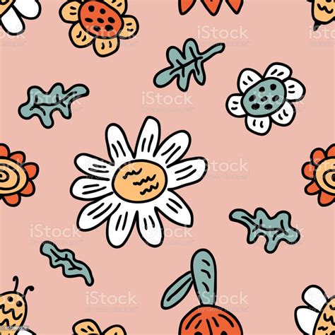 손으로 그린 이음새가 없는 패턴은 낙서 꽃과 꿀벌입니다 티셔츠 종이 직물 및 직물을 위한 여름 인쇄 장식과 디자인을 위한 간단한 벡터 그림입니다 곤충에 대한 스톡 벡터 아트
