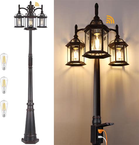 Dusk Dawn Bronze Outdoor Lamp Post Light With Gfci Outlet Triple Head