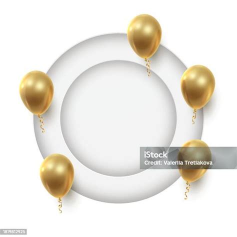 포스터 Witn 사실적인 황금 풍선 리본 뱀 색종이 조각 및 흰 종이 컷 서클 카드 파티 디자인 전단지 포스터 장식 배너 웹 광고에 대 한 벡터 일러스트 레이 션 3차원
