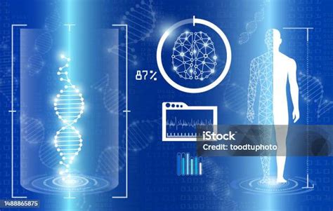 파란 빛 두뇌 및 인체 치유에 있는 추상적인 배경 기술 개념 시험 분석 클론 Dna 인간을 가진 미래 및 세계적인 국제 의학에 있는 기술 현대 의학 Dna에 대한 스톡 벡터