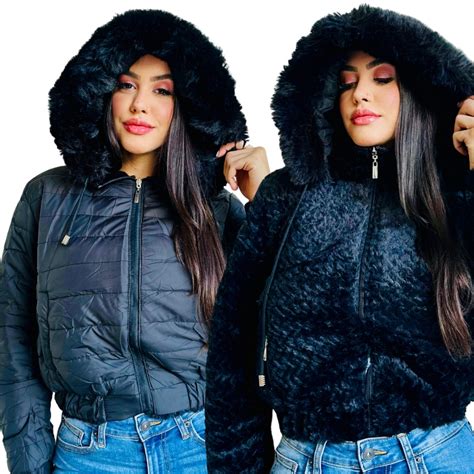 Jaqueta Feminina Dupla Face Peluciada Puffer Cropped Casaco Feminino