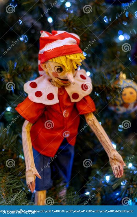 Toy Pinocchio On Christmas Tree Puppet Theater Fairy Tale Character