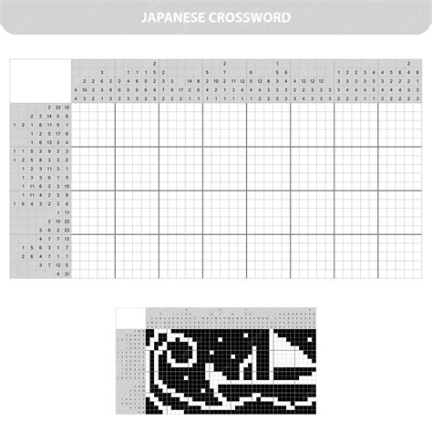 배 답이 있는 흑백 일본어 낱말입니다 답이 있는 노노그램 그래픽 크로스 워드 퍼즐 아이들을 위한 퍼즐 게임 프리미엄 벡터