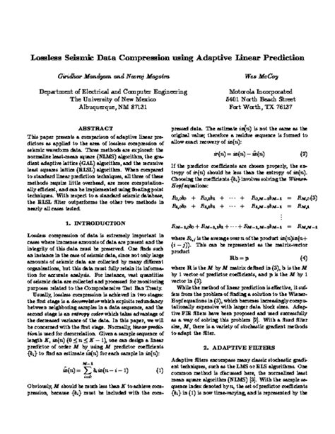 Pdf Lossless Seismic Data Compression Using Adaptive Linear Prediction