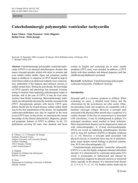 Pdf Catecholaminergic Polymorphic Ventricular Tachycardia