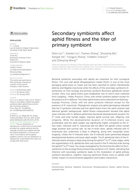 Pdf Secondary Symbionts Affect Aphid Fitness And The Titer Of Primary
