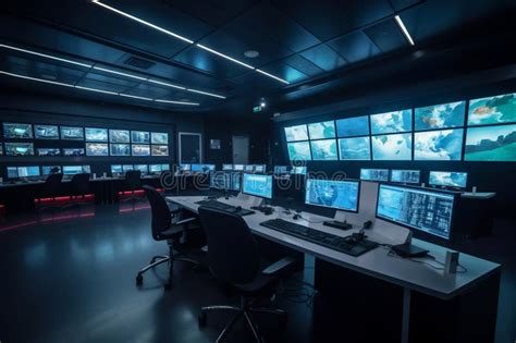 modern security control room with multiple displays and empty workspace