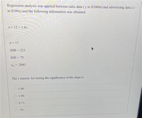 Solved Regression Analysis Was Applied Between Sales Data Y