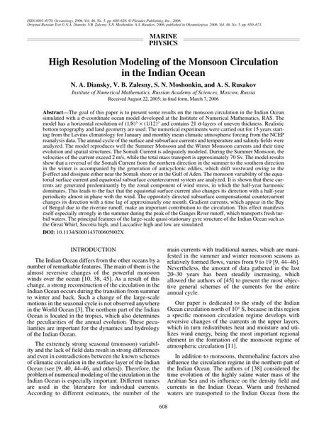 Pdf High Resolution Modeling Of The Monsoon Circulation In The Indian Ocean