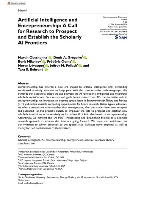 Pdf Artificial Intelligence And Entrepreneurship A Call For Research