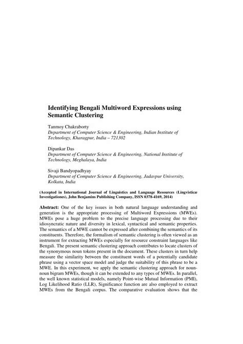 Pdf Identifying Bengali Multiword Expressions Using Bengali