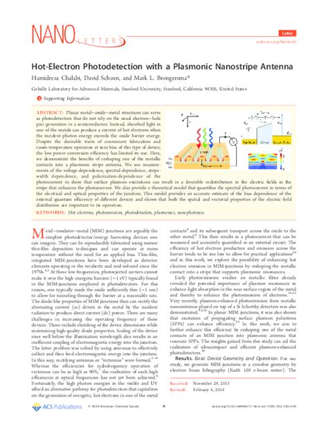 Pdf Hot Electron Photodetection With A Plasmonic Nanostripe Antenna