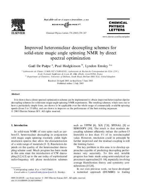 Pdf Improved Heteronuclear Decoupling Schemes For Solid State Magic Angle Spinning Nmr By