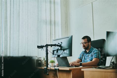 Portrait Professional Man Programmer Working Concentrated On Computer In Diverse Offices Modern