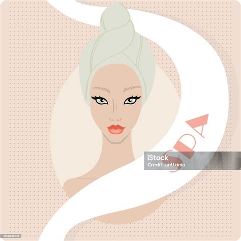 아름 다운 여자는 수건에 싸서 머리를 유지 스파 배너 디자인 템플릿 손으로 그린 벡터 일러스트 레이 션 건강관리와 의술에 대한