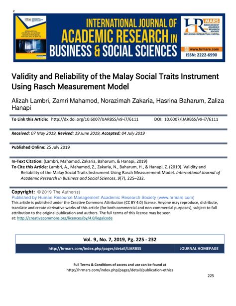 Pdf Validity And Reliability Of The Malay Social Traits Instrument
