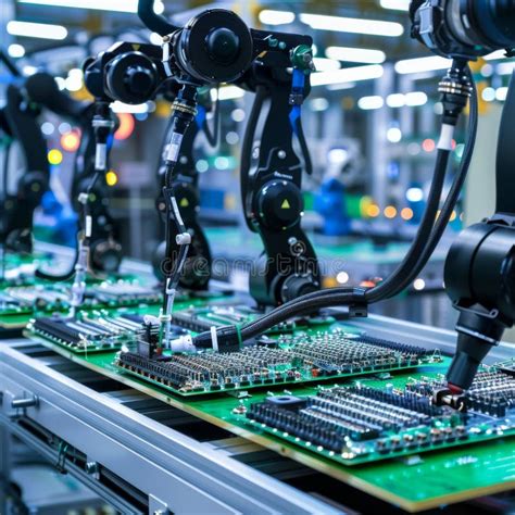High Tech Robotic Arms Assembling Circuit Boards In Modern Factory