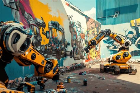 Robots Creating Vibrant Street Art In Urban Setting During Sunny Day