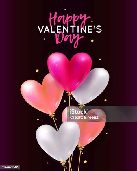 공기 풍선 하트 색종이의 현실적인 3d 비행 무리와 벡터 휴가 낭만적인 그림 유행 발렌타인의 날 안 내장 포스터 또는 축제 인사말 카드 3차원 형태에 대한 스톡 벡터 아트
