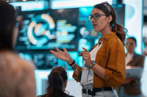 Female Programmer Presenting Innovative Ai Project At Prestigious Tech Fair Premium Ai