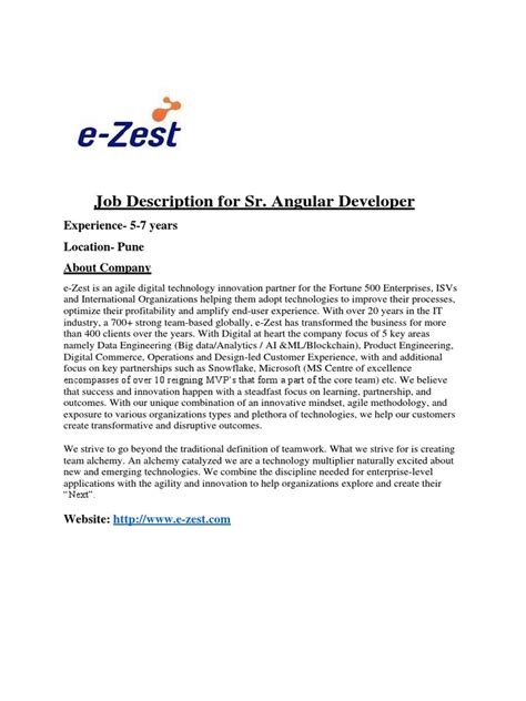 Job Description For Sr Angular Developer E Zest Pdf