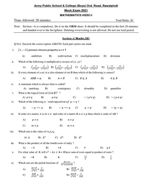 Maths Xi Mock Paper 2021 Pdf Trigonometric Functions Functions And Mappings
