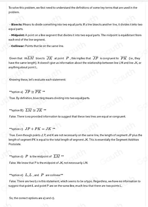 Solved moverline LM bisects overline JK at point P which statements arc true Sélect all the