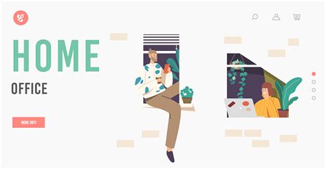 홈 오피스 방문 페이지 템플릿 원격 프리랜서 작업 남자 여성 프리랜서 캐릭터 는 멀리 작업 창에 앉아 가정 생활에 대한 스톡 벡터 아트 및 기타 이미지 Istock