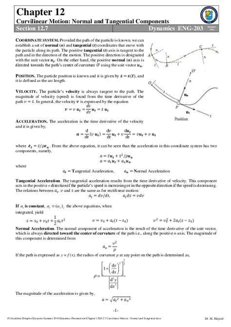 Pdf Curvilinear Motion Normal And Tangential Components Section 12 7 Dynamics Eng 203 Summer 2016