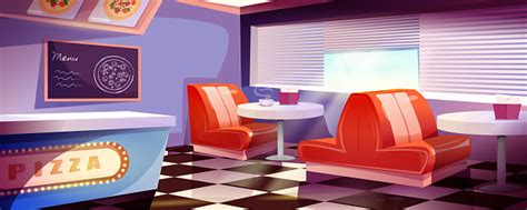 현대적인 피자 가게 인테리어 카페테리아 및 레스토랑 케이터링 서비스 빨간 의자와 빈 테이블 근처의 라운지 테이크 아웃 식사와 패스트 푸드 이탈리안 요리 아이소 메트릭 벡터