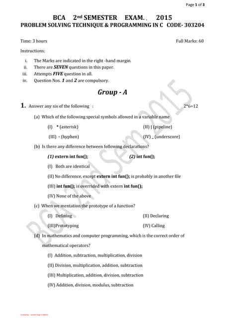 problem solving technique and programming in c code 303204 bca 2nd