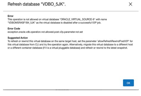 refreshing or rewinding an oracle virtual database exported to a