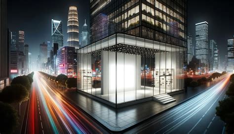 Premium Ai Image Futuristic Glass Storefront With City Skyline And Light Streaks Modern