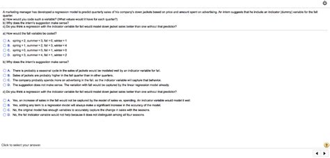 solved a marketing manager has developed a regression model