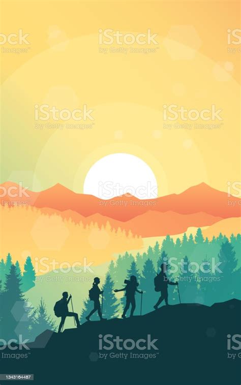 자연을 발견하고 탐험하고 관찰하는 여행 개념 하이킹 관광 모험 한 친구들이 산을 오르고 있다 팀워크 다각형 풍경 일러스트레이션