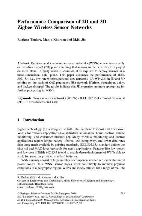 Pdf Performance Comparison Of 2d And 3d Zigbee Wireless Sensor Networks